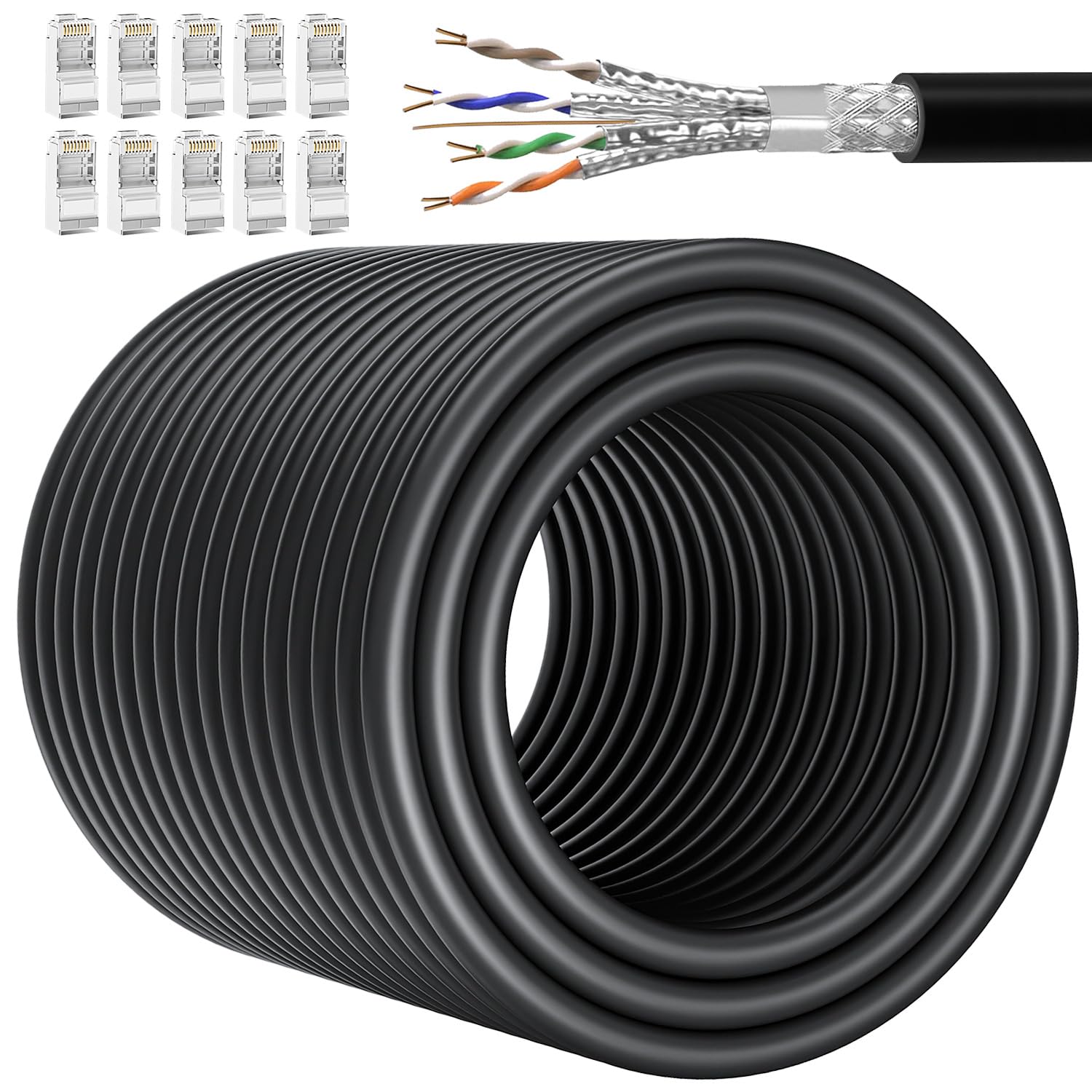 Cat 7 Outdoor Ethernet Cable 500ft Bulk (10 RJ45), SFTP Triple Shielded Cat 7 Ethernet Cable 24AWG, Cat 7 Direct Burial Cable, Waterproof, UV Resistant, High Speed 10Gbps Cat7 Internet Cable 500 ft