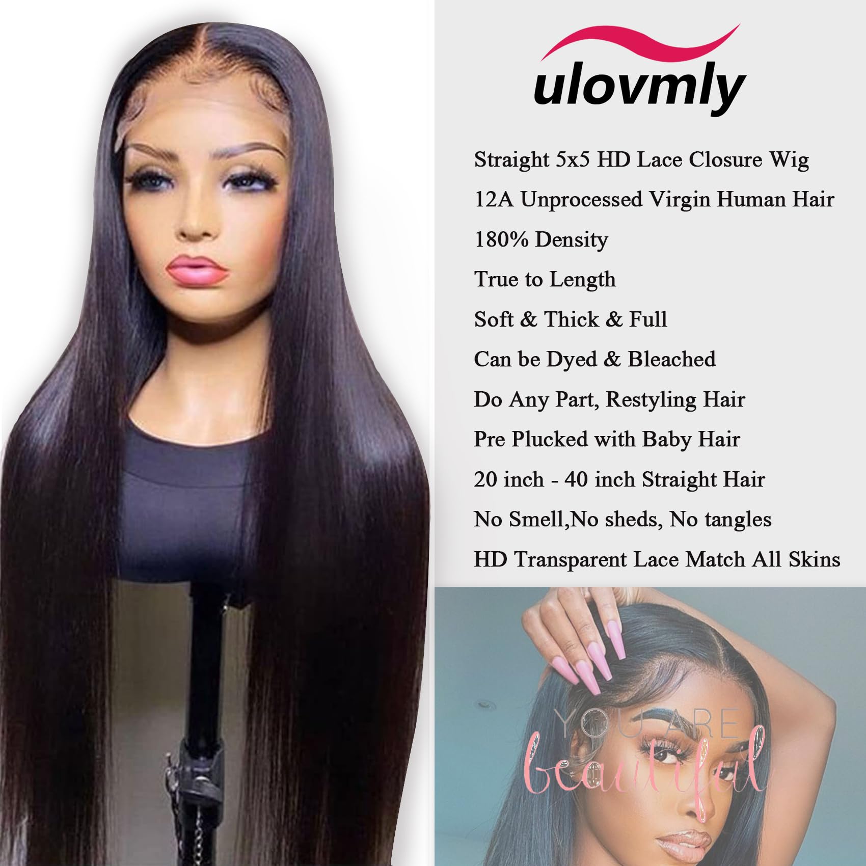 5x5 HD Lace Closure Wigs Human Hair Straight 5x5 Closure Wig 24 Inch Closure Wigs Human Hair Pre Plucked with Baby Hair 12A Unprocessed Virgin Human Hair Wig 180% Density for Women Natural Color