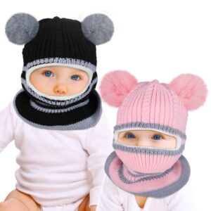 2 pcs baby winter hat scarf set toddler winter hat infant beanie hat toddler balaclava earflap hat for 1-5 year old girl boy (pink, black)