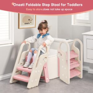 Onasti Foldable Toddler Step Stool for Bathroom Sink, Adjustable 3 Step Stool for Kids Toilet Potty Training Stool with Handles, Child Kitchen Counter Stool Helper, Plastic Ladder for Toddlers Pink