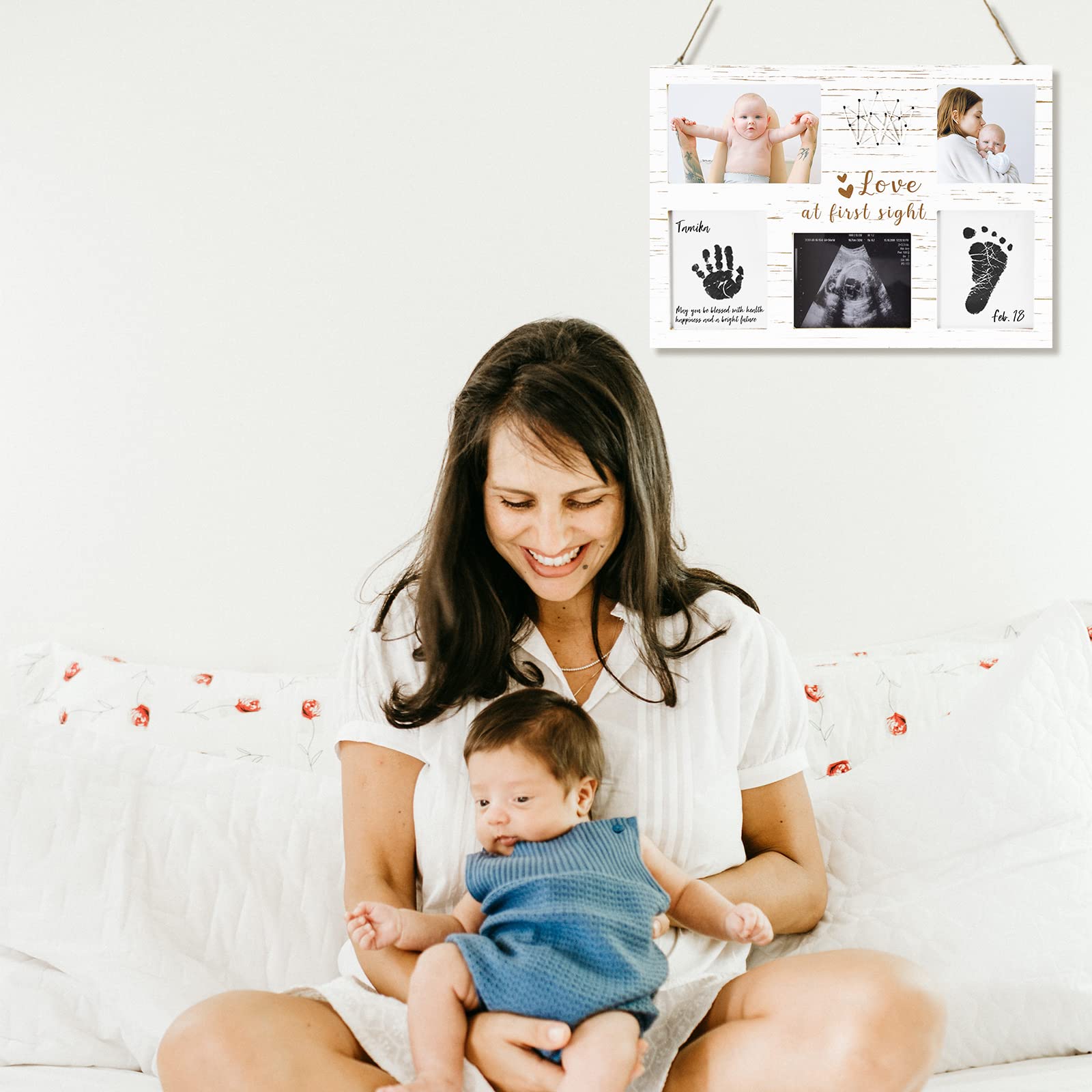 KOIKEY Baby Handprint Footprint Keepsake Gifts - Ultrasound and Newborn Picture White Nursery Decor Wood Frame Kit with No-Clean Print Pad for Baby Shower or New Parents Gift