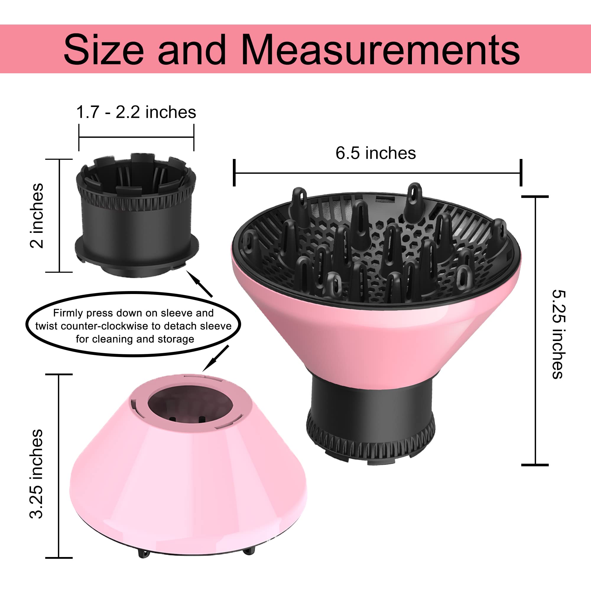 Universal Hair Diffuser Adaptable Hair Dryer Attachment for Blow Dryer Nozzles from 1.7 to 2.2 inch Diameter (Pink)