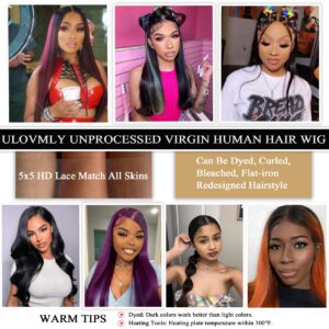 5x5 HD Lace Closure Wigs Human Hair Straight 5x5 Closure Wig 24 Inch Closure Wigs Human Hair Pre Plucked with Baby Hair 12A Unprocessed Virgin Human Hair Wig 180% Density for Women Natural Color