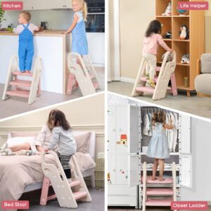 Onasti Foldable Toddler Step Stool for Bathroom Sink, Adjustable 3 Step Stool for Kids Toilet Potty Training Stool with Handles, Child Kitchen Counter Stool Helper, Plastic Ladder for Toddlers Pink