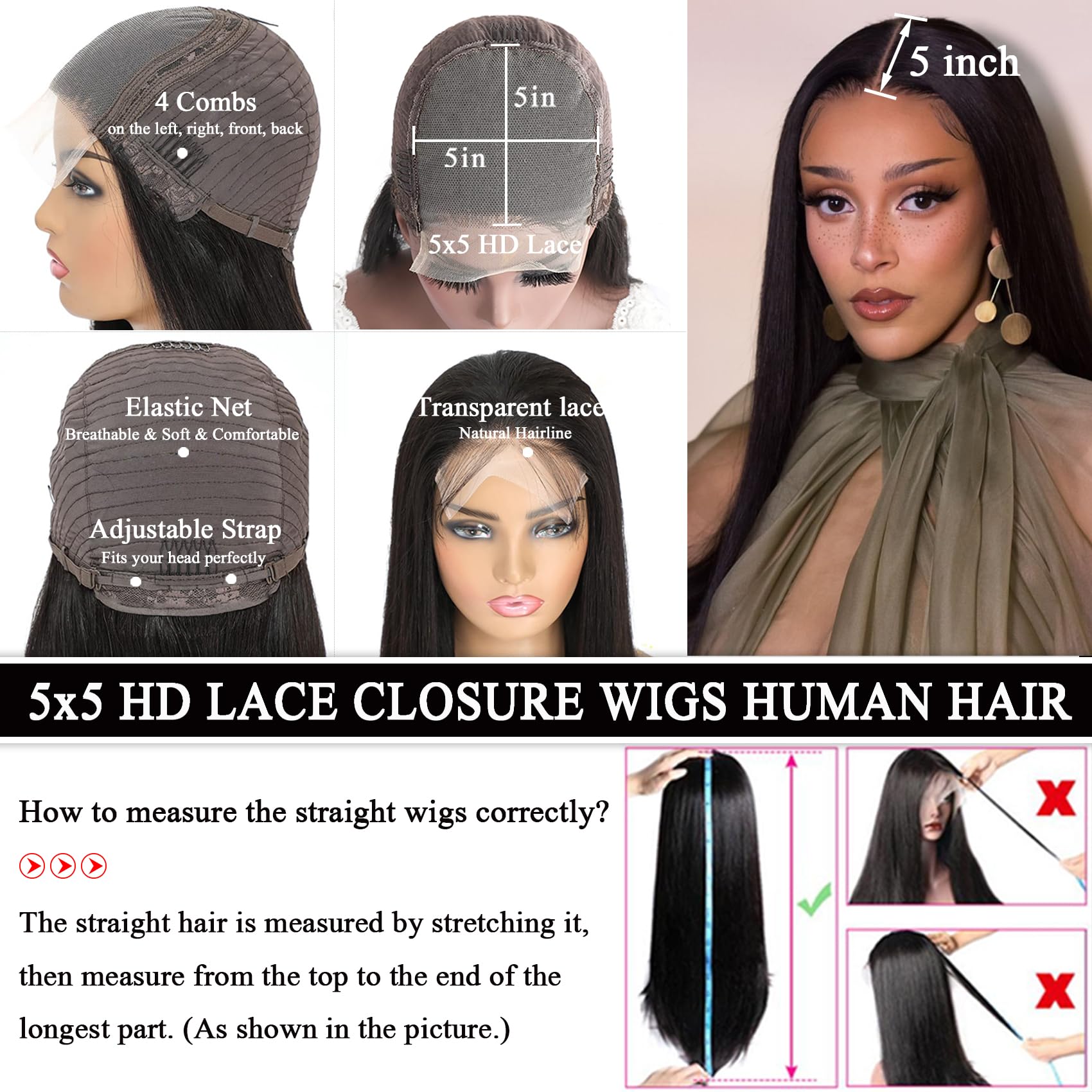 5x5 HD Lace Closure Wigs Human Hair Straight 5x5 Closure Wig 24 Inch Closure Wigs Human Hair Pre Plucked with Baby Hair 12A Unprocessed Virgin Human Hair Wig 180% Density for Women Natural Color