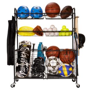 sports equipment organizer for garage, sports storage for garage, garage toy storage, rolling basketball rack, storage for nerf gun, storage organization for outdoor/indoor, steel, black (wey007)