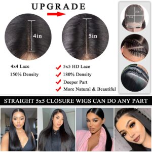 5x5 HD Lace Closure Wigs Human Hair Straight 5x5 Closure Wig 24 Inch Closure Wigs Human Hair Pre Plucked with Baby Hair 12A Unprocessed Virgin Human Hair Wig 180% Density for Women Natural Color