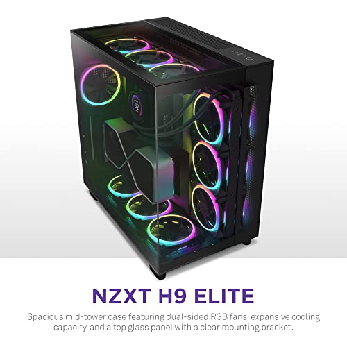 NZXT H9 Mid-Tower Gaming PC Case - 3 RGB Fans, Glass Panels, 360mm Radiator Support, Cable Management - Black