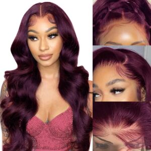 hengrose 13x4 99j burgundy body wave lace front wigs human hair 180% density wine red color wigs for women hd transparent lace front wigs glueless human hair pre plucked with baby hair (20inch)