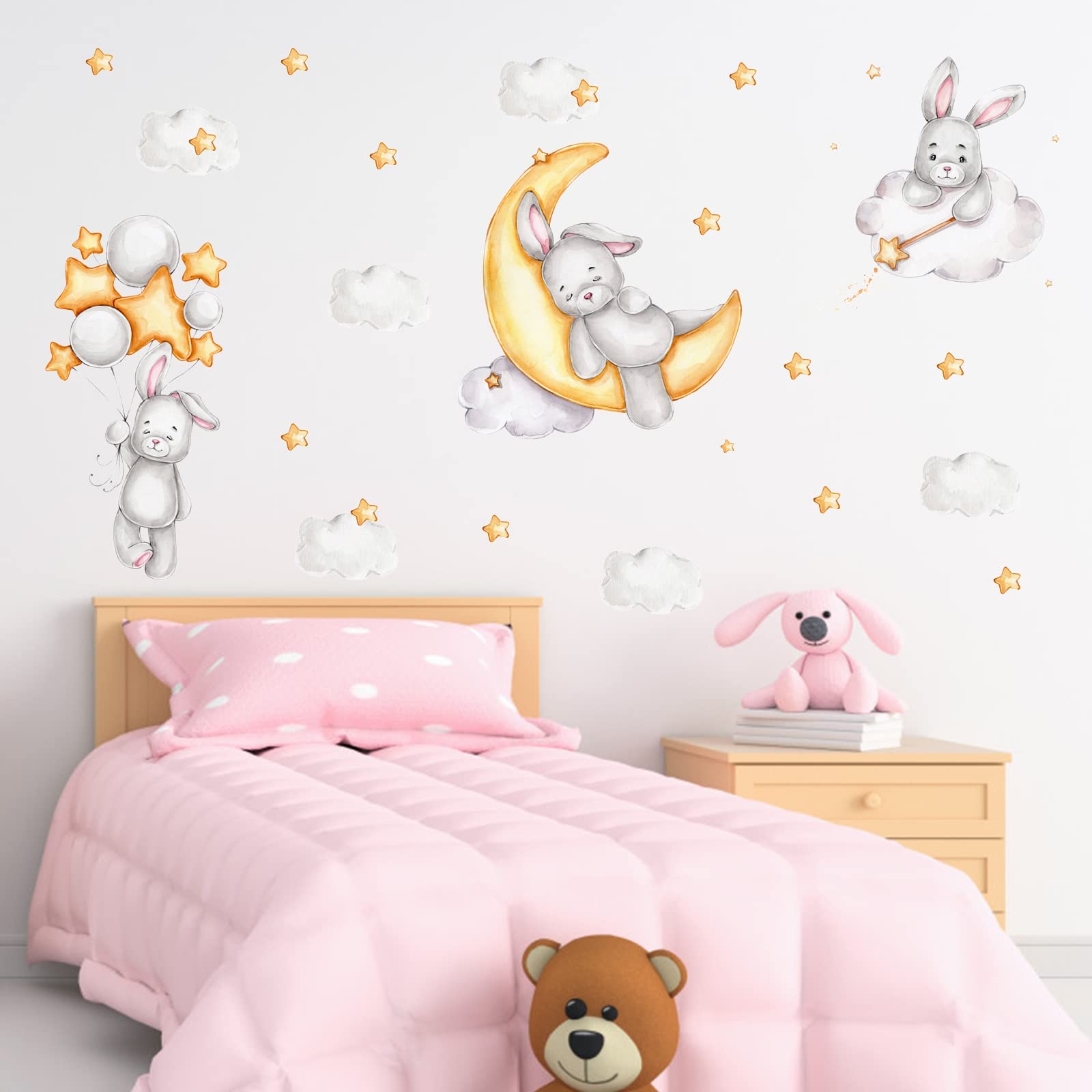 Laoyello Bunny Sleeping on The Moon Wall Stickers Rabbit Stickers Cloud Moon Wall Decal Baby Boy Girls Moon and Stars Nursery Wall Decor