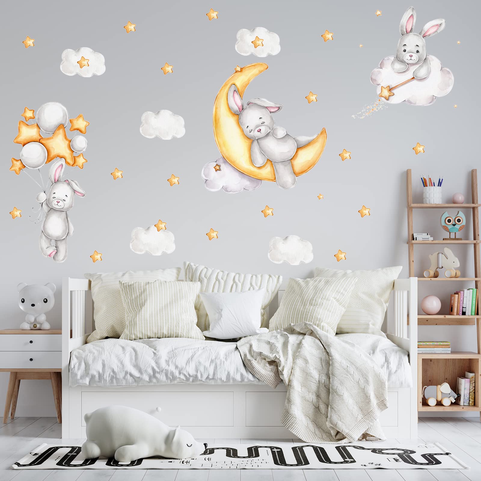 Laoyello Bunny Sleeping on The Moon Wall Stickers Rabbit Stickers Cloud Moon Wall Decal Baby Boy Girls Moon and Stars Nursery Wall Decor