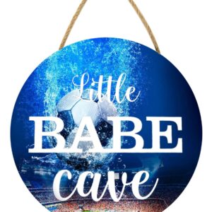 KPSheng Little Babe Cave Wooden Sign,Soccer Door Decor Plaque, Door Hanger Nursery Decoration for Boys, Wood Wall Hanging Wreath for Toddler Kids Room Bedroom Playroom, 11 x 11 Inch