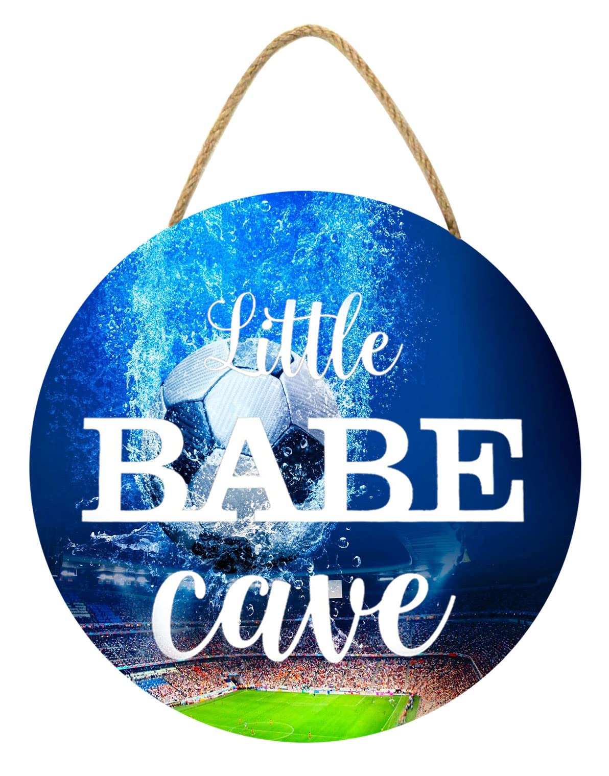 KPSheng Little Babe Cave Wooden Sign,Soccer Door Decor Plaque, Door Hanger Nursery Decoration for Boys, Wood Wall Hanging Wreath for Toddler Kids Room Bedroom Playroom, 11 x 11 Inch