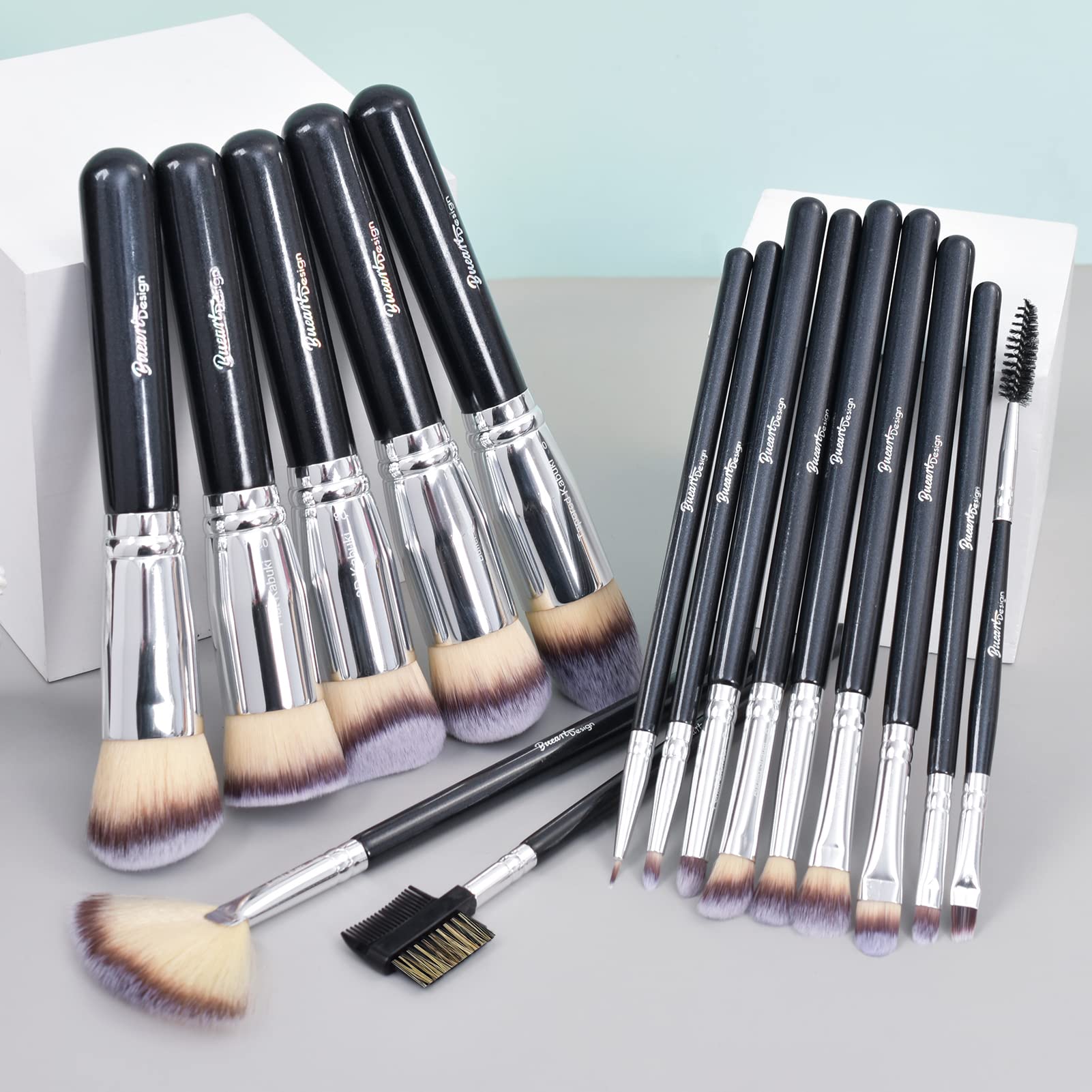 Bueart Design 16Pcs Ultra soft Essential Makeup Brushes set Professional makeup brush set with Premium vegan Hair for Foundation concealer eyeshadow face Contour Blush (16Pcs Pearl Black)