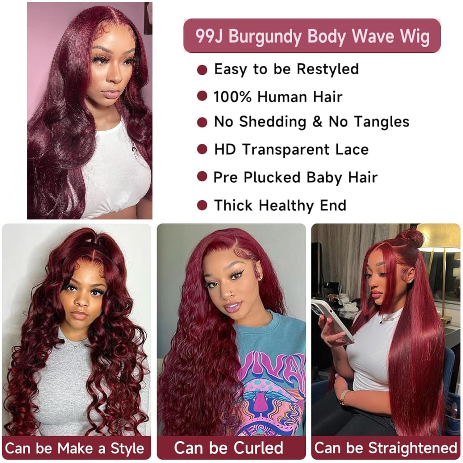 HENGROSE 13x4 99J Burgundy Body Wave Lace Front Wigs Human Hair 180% Density Wine Red Color Wigs for Women HD Transparent Lace Front Wigs Glueless Human Hair Pre Plucked with Baby Hair (20inch)