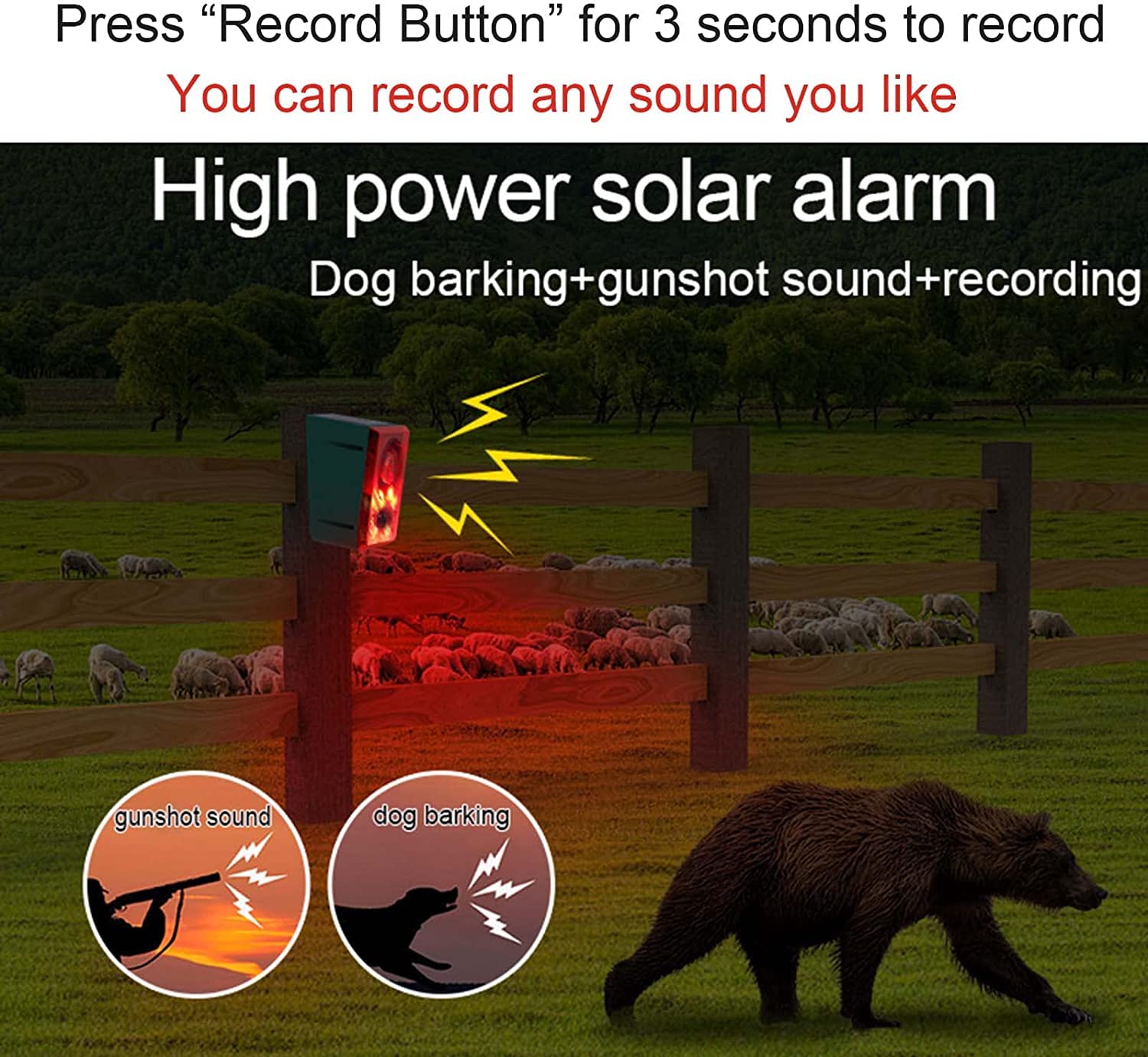 Solar Motion Detector Alarm Light,WONFAST 130db Sound Warning Security Strobe Siren Light,Gunshot Dog Barking Sound & Recording 20s Custom Message for Farm Villa Barn Yard Chicken Coop (1PCS)