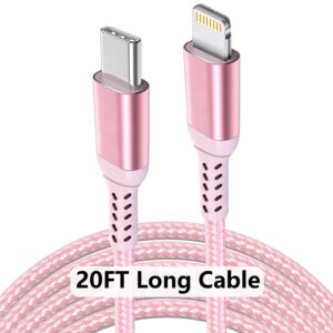 Awnuwuy 20FT Long iPhone USB-C to Lightning Cable [Apple MFi Certified] 20W 3A (max) USB C Power Delivery Fast Charge for iPhone 14 13 12 11 10 Max X XS XR 9 8, AirPods, iPad, Charging Cord Pink/Rose