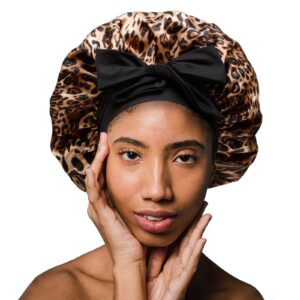 silky satin hair bonnet, night cap hair cover for black women hair care with soft strechy tie band - jumbo satin sleep cap(leopard)