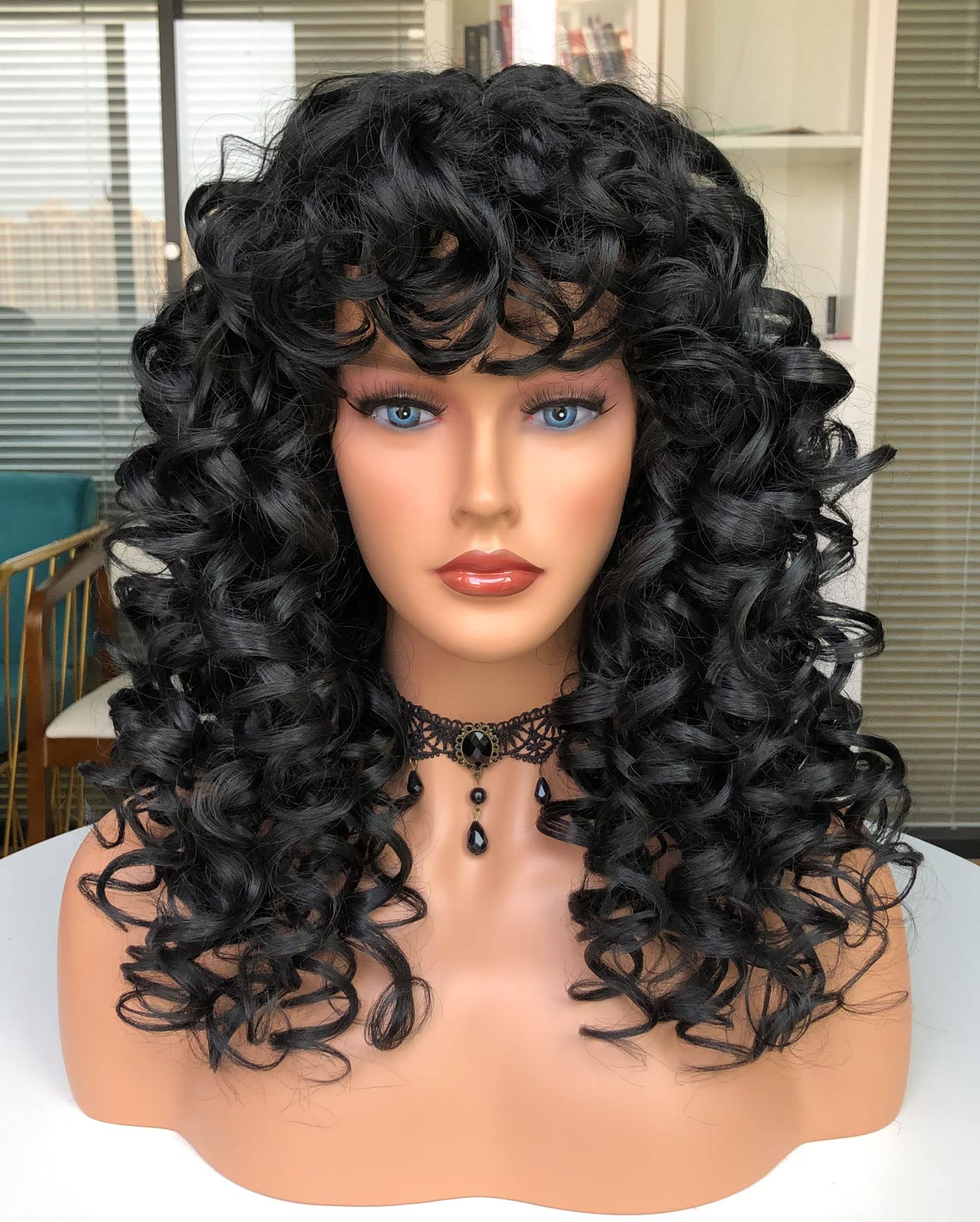 Annivia Curly Wig with Bangs for Black Women Black Kinky Long Curly Wig Synthetic Hair Daily Use Cosplay 17 Inch