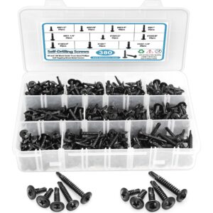 410 stainless steel #8#10 self tapping screws for metal, 380 pcs self drilling screws assortment kit, black oxide, modified truss head self tapping sheet metal tek screws, length 1/2" to 1-1/4''