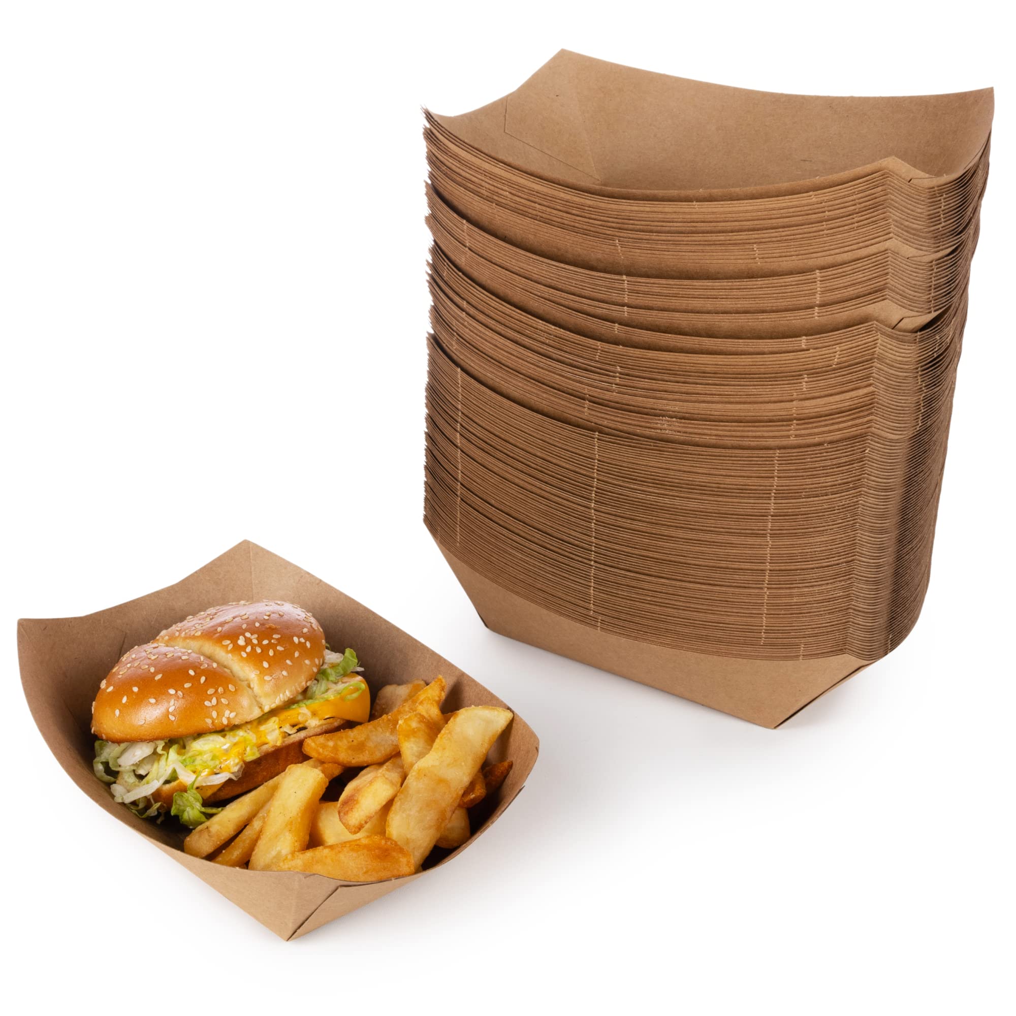 IDL Packaging 3 lb Kraft Paper Food Tray (Pack of 125) - Poly Coated for Extra Moisture Resistance - Recyclable - Serving Tray for Fries, Burgers, Appetizers and Side Dishes - Proudly Made in USA