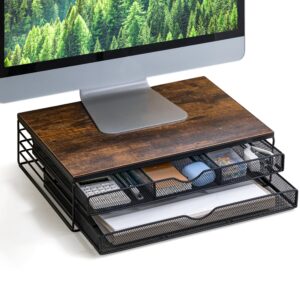 arcobis wood monitor riser with drawers, mesh metal computer monitor stand riser with storage for desk, max load capacity 40lb, 2 drawers, rustic brown