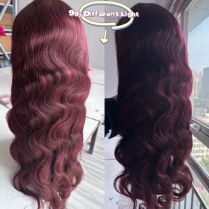 HENGROSE 13x4 99J Burgundy Body Wave Lace Front Wigs Human Hair 180% Density Wine Red Color Wigs for Women HD Transparent Lace Front Wigs Glueless Human Hair Pre Plucked with Baby Hair (20inch)