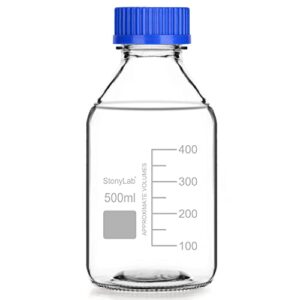 stonylab graduated storage bottles with gl45 screw cap, 500 ml borosilicate glass clear round lab reagent media storage bottles with blue screw cap, 1 pack