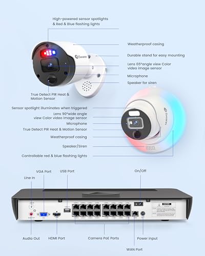 Swann 12MP Security Camera System, 16 Channel NVR with 4TB, 16 IP Cameras Indoor Outdoor Home, 6k Mega HD PoE Wired,Video Analytics, 2-Way Audio, Sirens, Color Night Vision, True Detect, 1690008B8DE