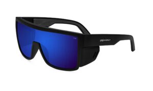 bomber saftey glasses for men and women, blue mirror safety lens, with matte black square frame and non slip foam lining, removable side shields included, z87 compliant - bz103bm