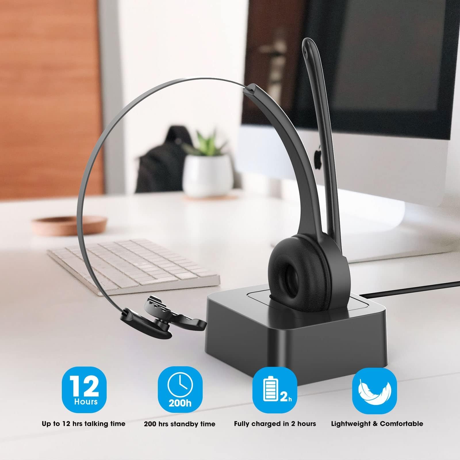 Bluetooth Headset with Microphone, Noise Canceling Wireless On Ear Headphones, Bluetooth Headphones with Mic Charging Base, Phone Headset Mute Button for Laptop, Skype, Call Centers, Office, Trucker