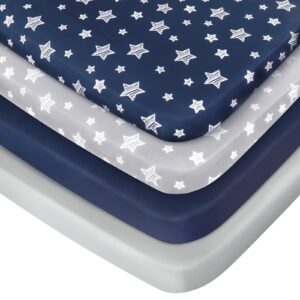 pack and play sheets boys, 4 pack mini crib sheets, stretchy pack and play playard fitted sheet, compatible with graco pack n play, soft and breathable material, navy