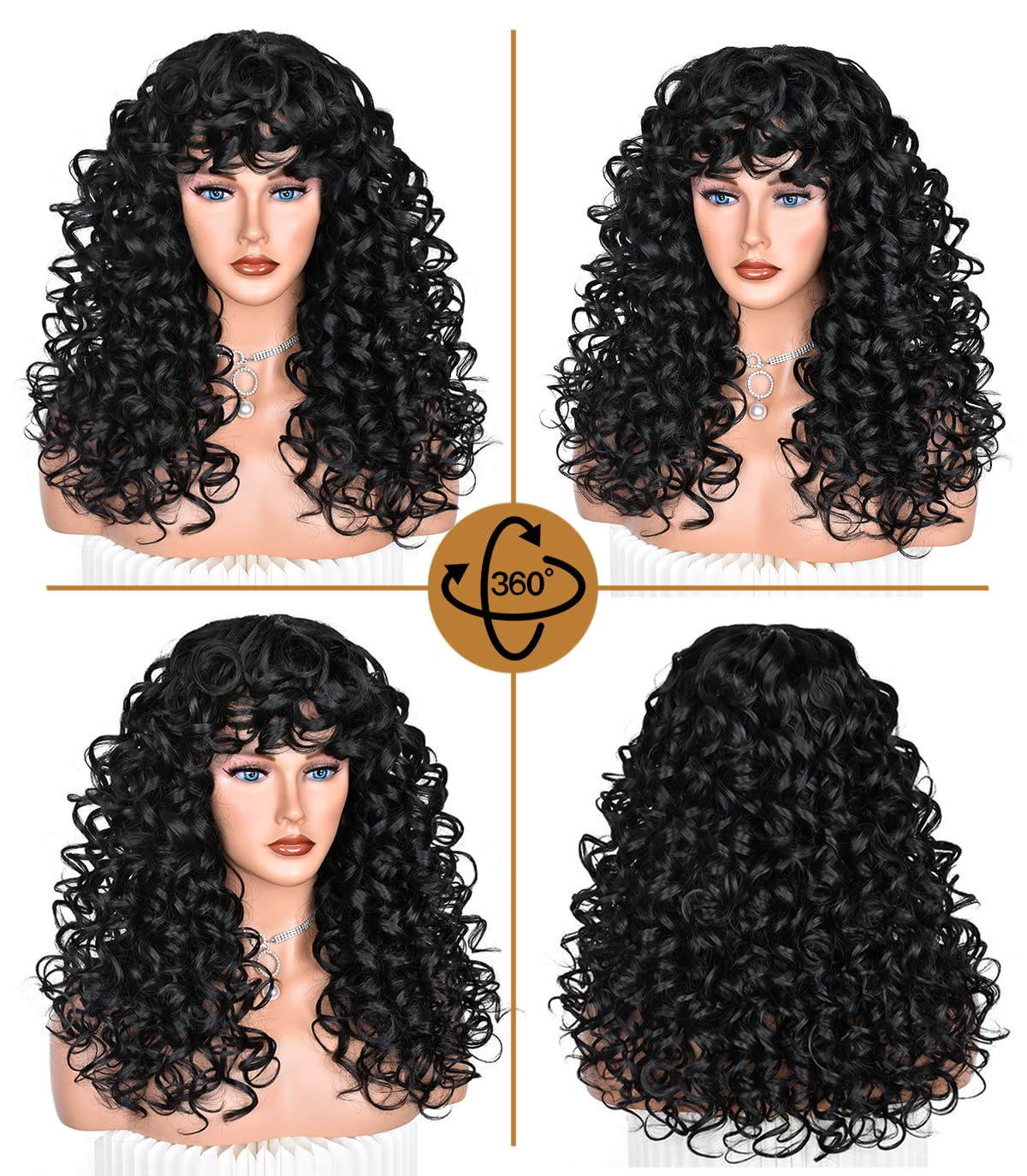 ANNIVIA-X Curly Wigs for Women Black Long Curly Afro Wig with Bangs Big Loose Cute Kinky Curly Hair Synthetic Wig for Daily Use Party Hallowmas Cosplay （Black 17 inch）