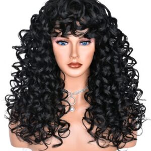 ANNIVIA-X Curly Wigs for Women Black Long Curly Afro Wig with Bangs Big Loose Cute Kinky Curly Hair Synthetic Wig for Daily Use Party Hallowmas Cosplay （Black 17 inch）