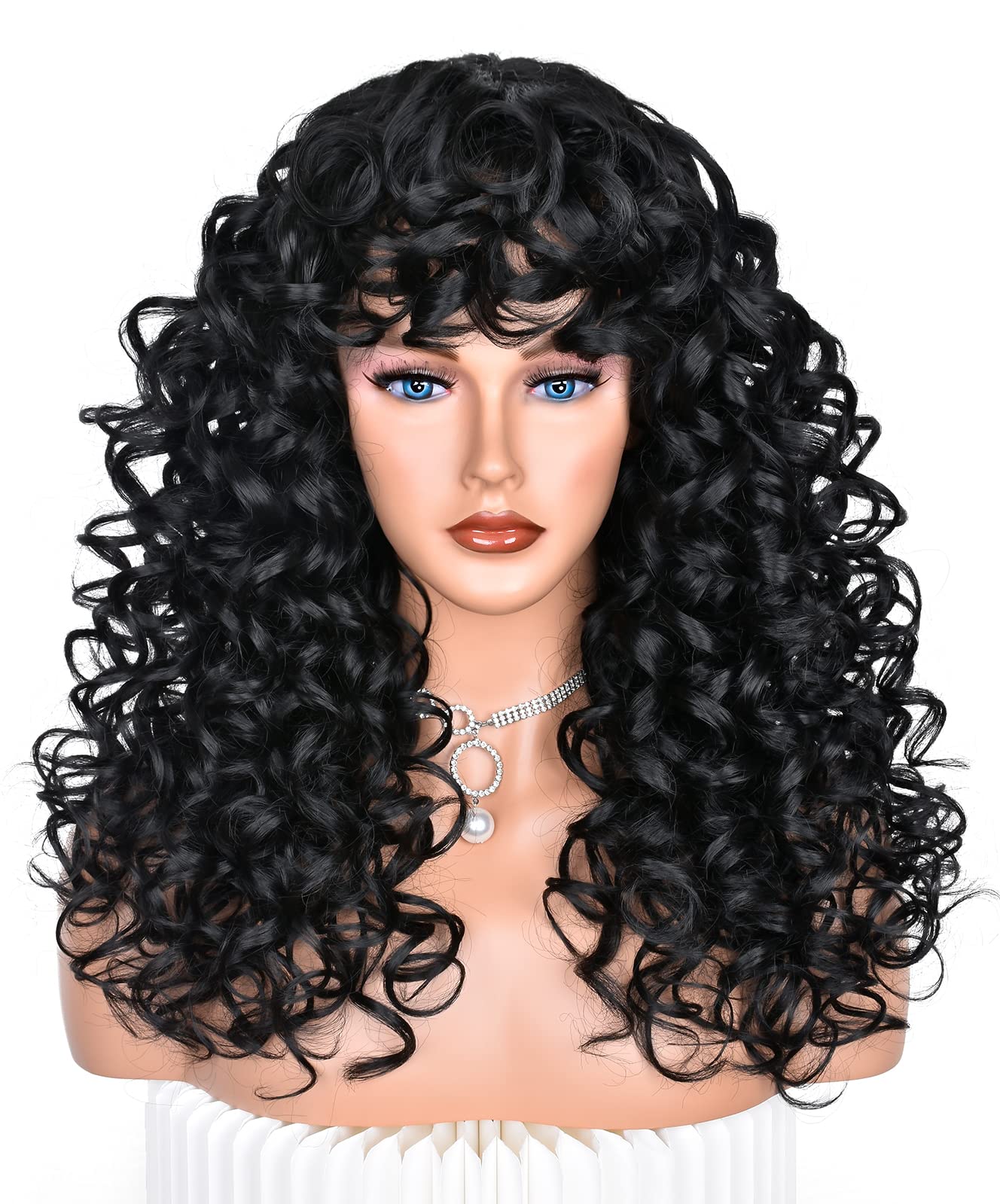 ANNIVIA-X Curly Wigs for Women Black Long Curly Afro Wig with Bangs Big Loose Cute Kinky Curly Hair Synthetic Wig for Daily Use Party Hallowmas Cosplay （Black 17 inch）