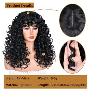 ANNIVIA-X Curly Wigs for Women Black Long Curly Afro Wig with Bangs Big Loose Cute Kinky Curly Hair Synthetic Wig for Daily Use Party Hallowmas Cosplay （Black 17 inch）