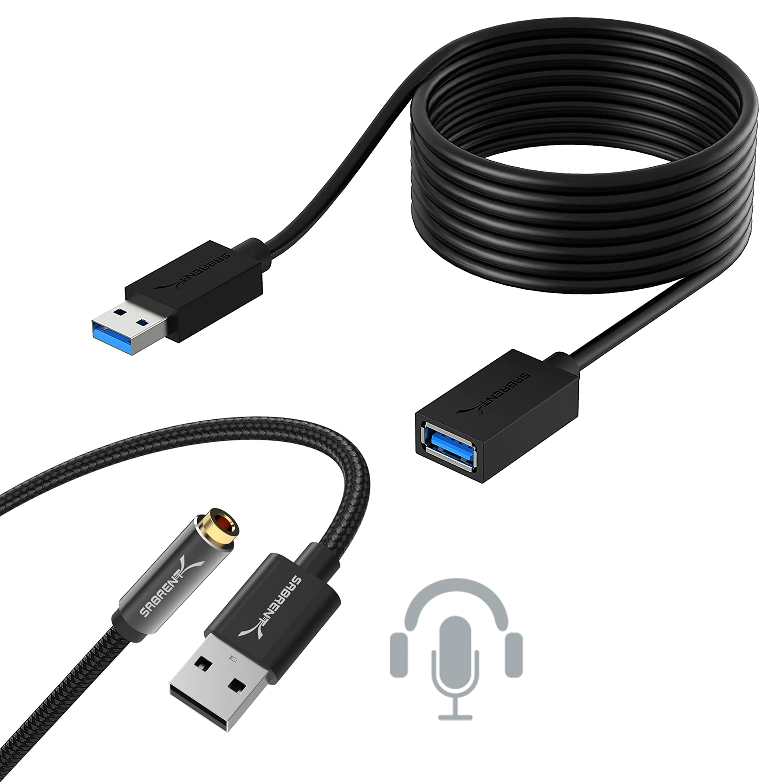 SABRENT 10-Feet USB 3.0 Extension Cable (A-Male to A-Female) with 20" USB Type-A to 3.5mm Dual Audio Jack Adapter