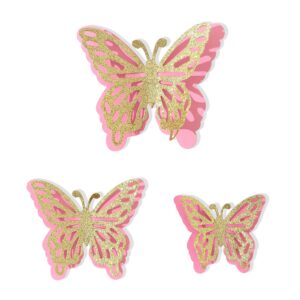 set of 5 3d butterflies 3 size- gold glitter and pink double layer butterfly, butterfly baby shower, butterfly cake decoration, butterfly wall decor, butterfly party decor