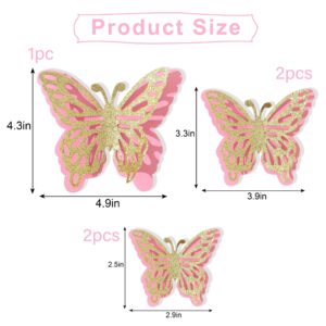 Set of 5 3d Butterflies 3 Size- Gold Glitter and Pink Double Layer Butterfly, Butterfly Baby Shower, Butterfly Cake Decoration, Butterfly Wall Decor, Butterfly Party Decor