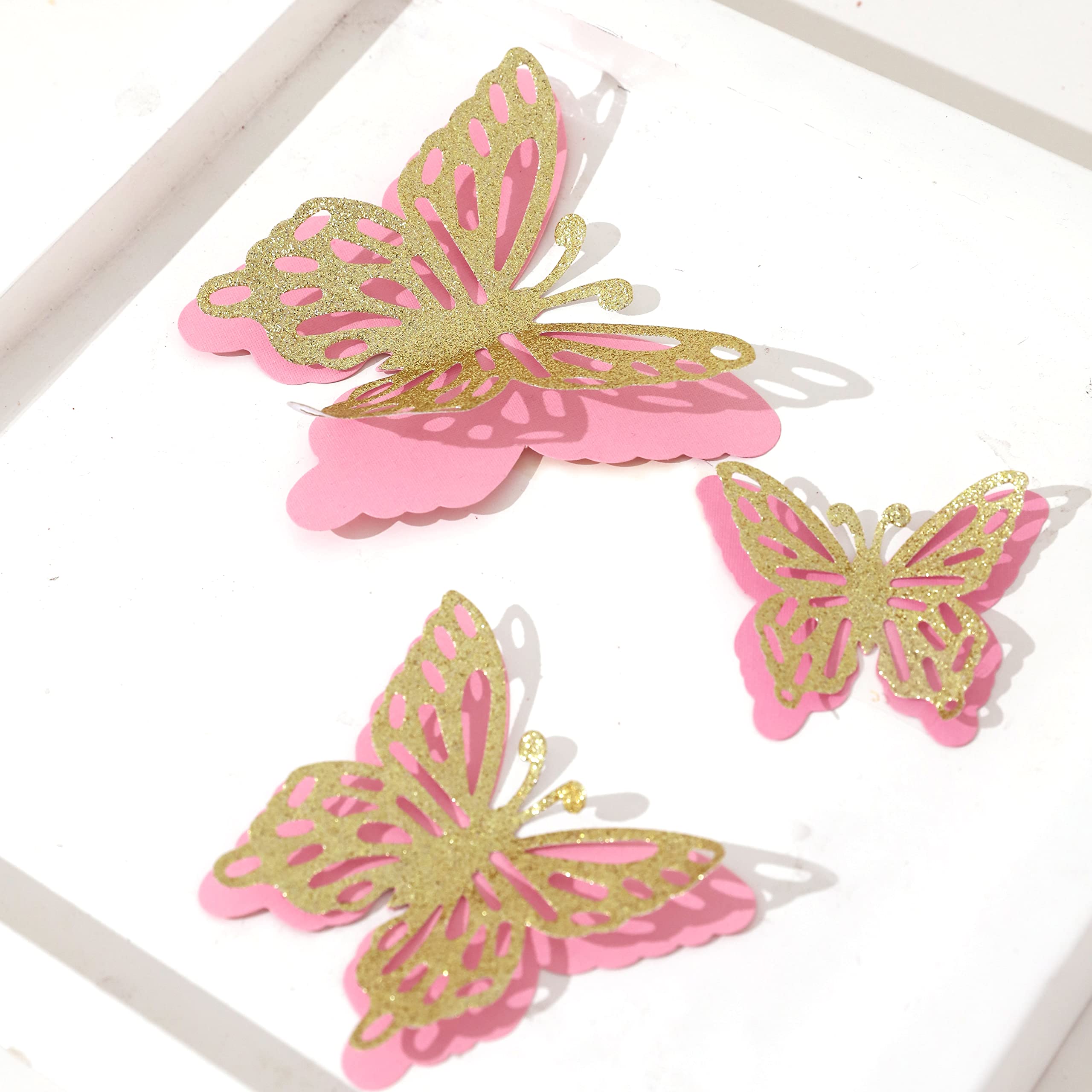 Set of 5 3d Butterflies 3 Size- Gold Glitter and Pink Double Layer Butterfly, Butterfly Baby Shower, Butterfly Cake Decoration, Butterfly Wall Decor, Butterfly Party Decor