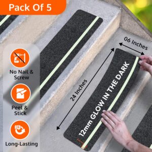 Anti Slip Traction Treads with Glow in Dark Stripe (5-Pack), 6" X 24", Best Grip Tape Grit Non Slip, Outdoor Non Skid Tape, High Traction Friction Abrasive Adhesive for Stairs Step