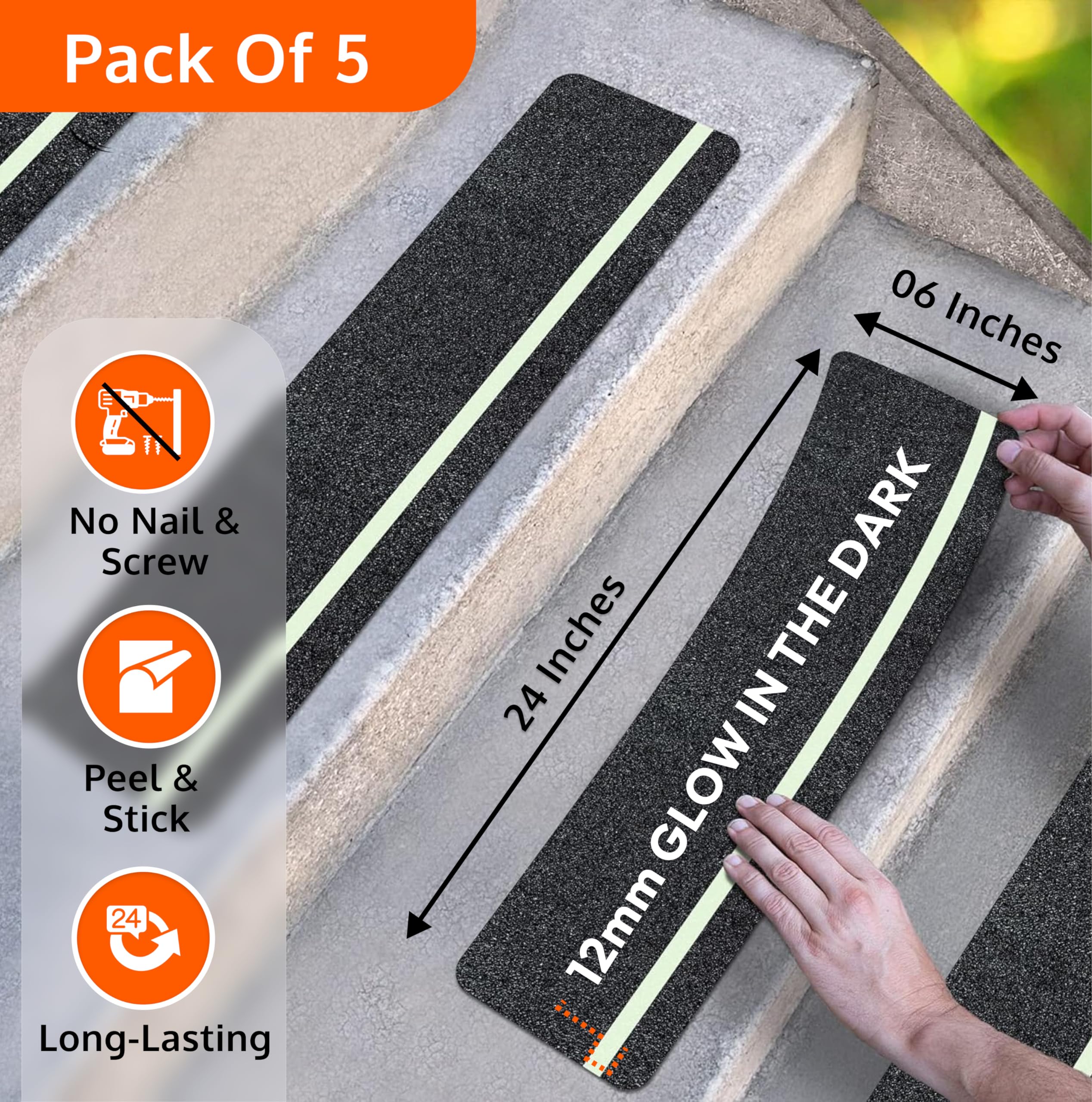 Anti Slip Traction Treads with Glow in Dark Stripe (5-Pack), 6" X 24", Best Grip Tape Grit Non Slip, Outdoor Non Skid Tape, High Traction Friction Abrasive Adhesive for Stairs Step