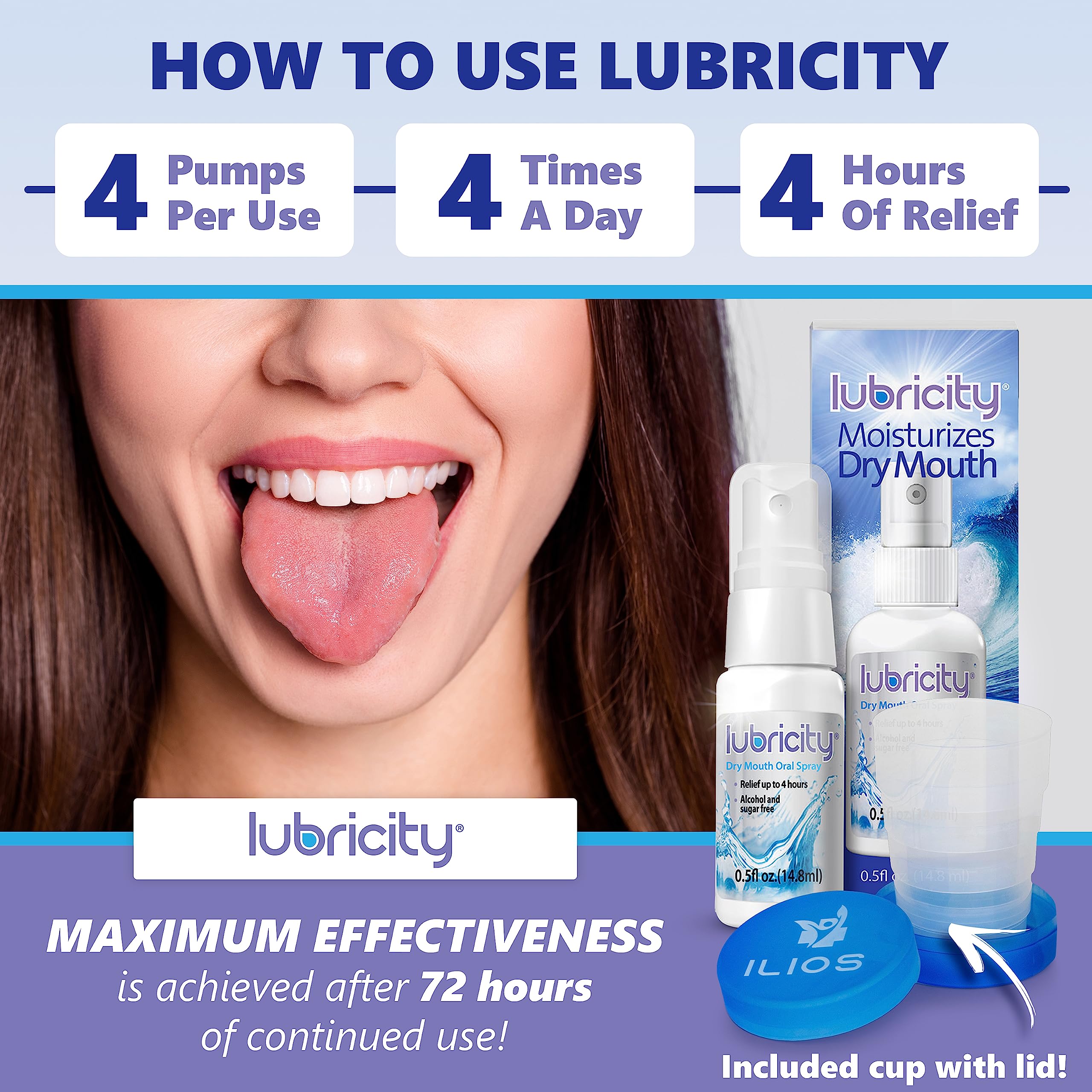 Lubricity Dry Mouth Oral Spray - 2 Piece Dry Mouth Products for Efficient Relief, Travel-Size Dry Mouth Spray, Mouth Moisturizer for Dry Mouth, Dry Mouth Remedies - 0.5 oz Each with Ilios Travel Cup