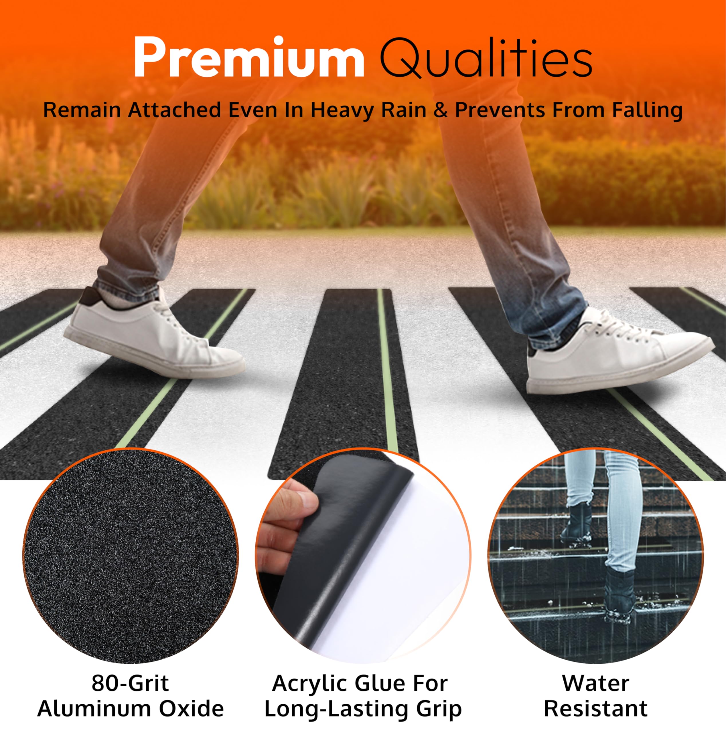 Anti Slip Traction Treads with Glow in Dark Stripe (5-Pack), 6" X 24", Best Grip Tape Grit Non Slip, Outdoor Non Skid Tape, High Traction Friction Abrasive Adhesive for Stairs Step