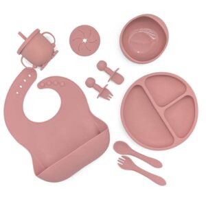 10 item set pink baby feeding starter set silicon ecofriendly baby led weaning supplies baby suction bowls, divided plates, straw sippy cup, toddler feeding utensils with bibs, baby spoon, baby plates