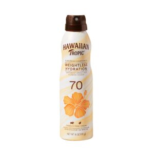 hawaiian tropic weightless hydration clear spray sunscreen spf 70, 6oz | hawaiian tropic sunscreen spf 70, sunblock, oxybenzone free sunscreen, spray on sunscreen, body sunscreen spray, 6oz