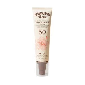 hawaiian tropic sheer touch body serum spf 50, 3.3 oz | hyaluronic acid serum, sunscreen serum, hydrating serum, travel size sunscreen, spf 50, 3.3 oz