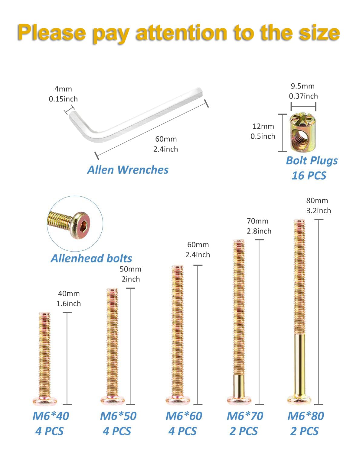 Crib Screws Hardware Replacement Kit - 16 Set Baby Bed Frame Bolts &Barrel Nuts Set, M6x40mm/ 50mm/ 60mm/ 70mm/ 80mm Hex Drive Socket Cap Screws Barrel Nuts