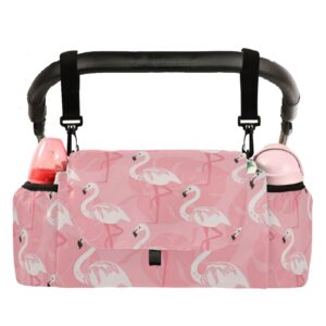 mchiver pink flamingo illustration baby stroller organizer with adjustable straps non-slip stroller caddy with cup holders large capacity stroller bag for diaper toys storage