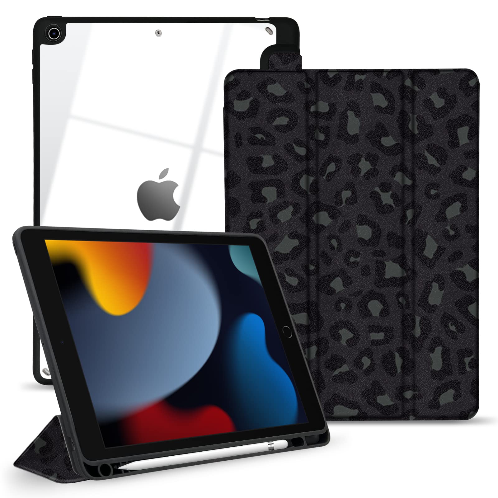 TopPerfekt Hybrid Slim Case for iPad 9th / 8th / 7th Generation (2021/2020 / 2019) 10.2 Inch - [Built-in Pencil Holder] Shockproof Cover with Clear Transparent Back Shell, Auto Sleep Wake Leopard